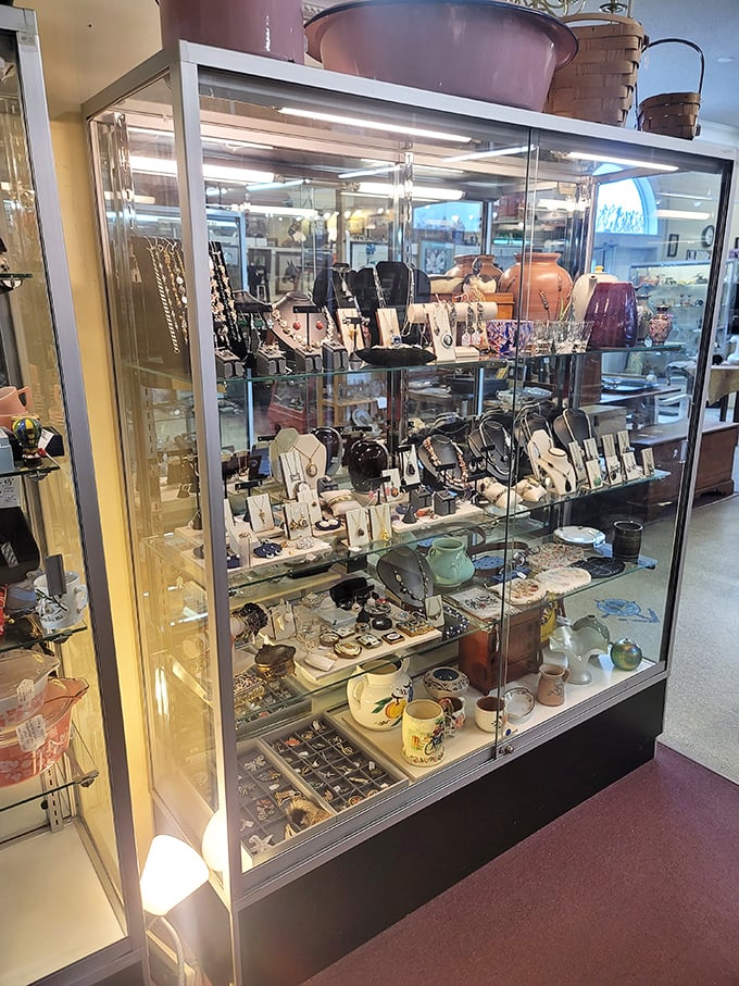 Jewelry cases that sparkle with stories. Each brooch, necklace, and ring once marked special moments in lives we'll never know.