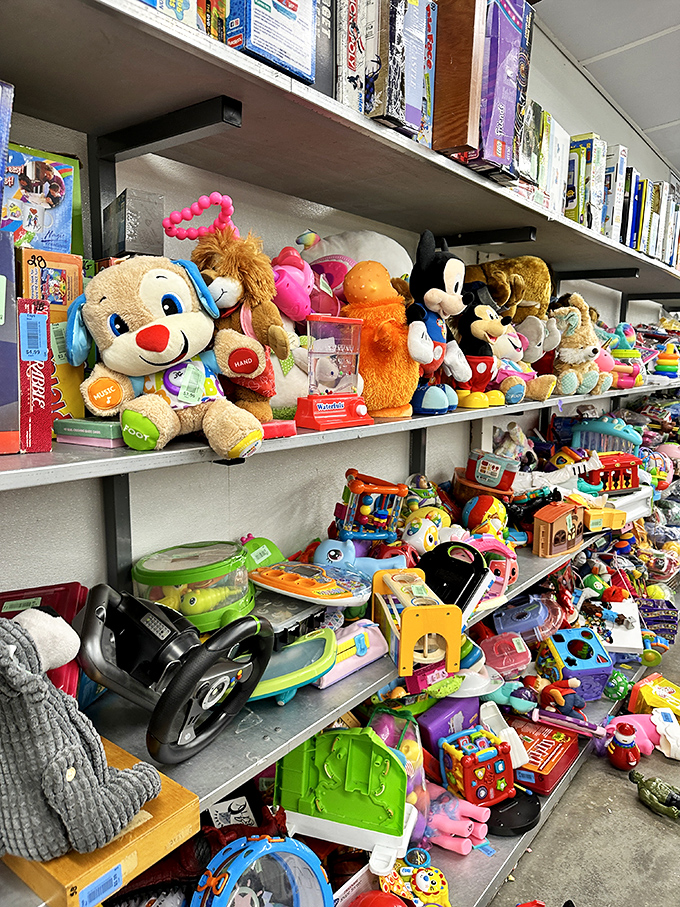Stuffed animals stand at attention like a plush toy army, ready to be drafted into service for a new generation of huggers.