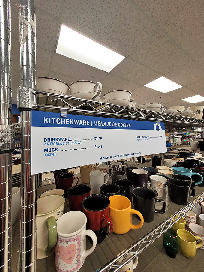 The kitchenware section: where coffee mugs with personality find second homes. That yellow mug is practically screaming to tell stories over your morning brew.