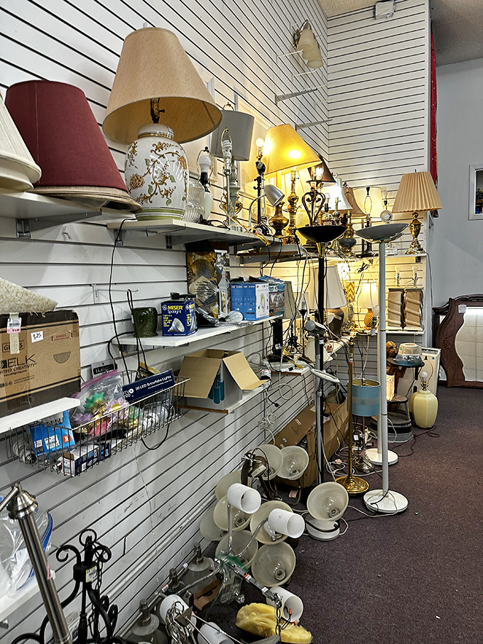 Lamp heaven! Like a gathering of illuminated personalities, each fixture tells a different story and waits to brighten someone's reading nook or dining room.