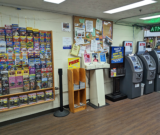 The modern oasis within the market&mdash;ATMs stand guard beside brochures advertising local attractions and adventures.