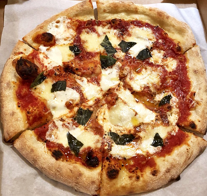 The Margherita pizza at Il Rione achieves that holy trinity of pizza perfection: blistered crust, bright sauce, and cheese that performs the perfect melt.