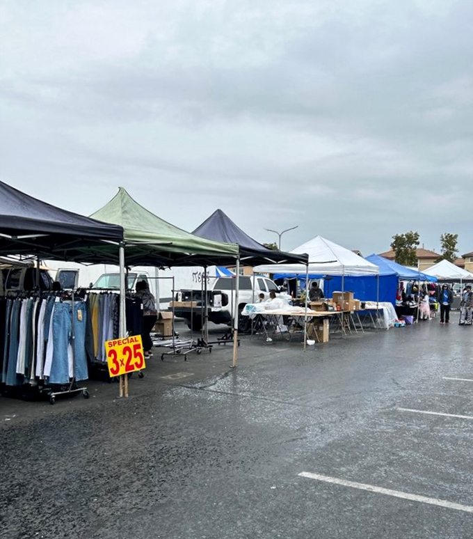 Rain or shine, the deals don't stop! Even on overcast days, dedicated vendors showcase their wares to eager shoppers seeking steals.