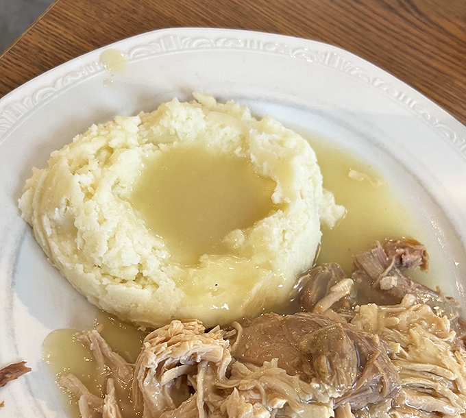Mashed potatoes with a gravy lake in the middle—nature's perfect bowl. The surrounding roast chicken is just the bonus round.