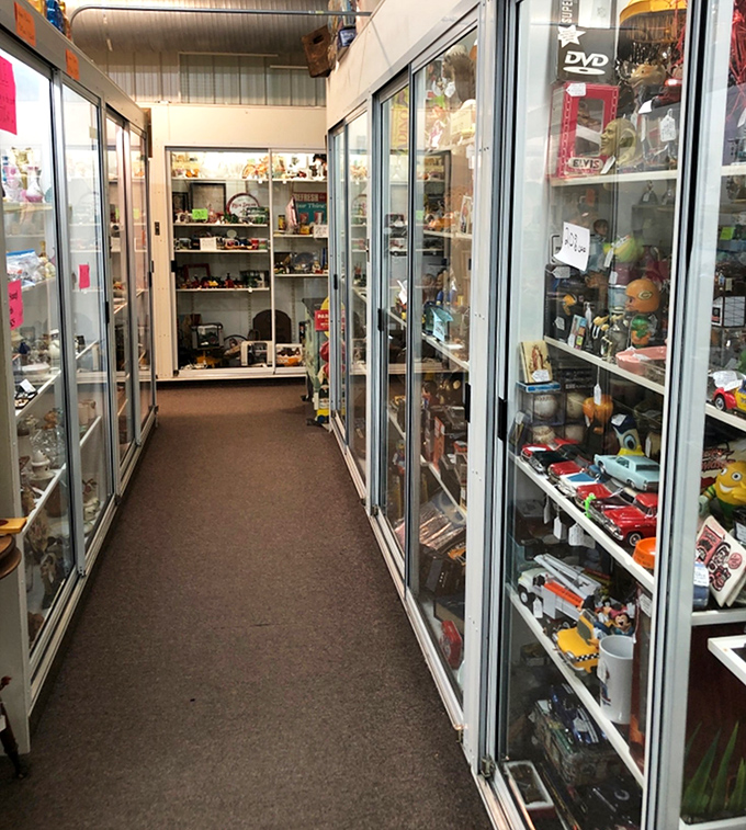 Nostalgia alley! Where childhood toys wait patiently behind glass, silently whispering, "Remember when you had to rewind?"