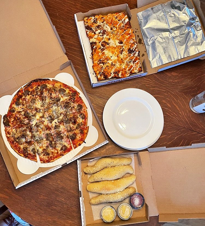 Pizza party perfection! Three distinct styles sharing one table, like the opening scene of a buddy comedy where everyone gets along deliciously.