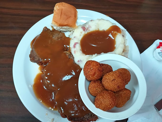That meatloaf could make your grandmother jealous&mdash;swimming in gravy like it owns the pool.