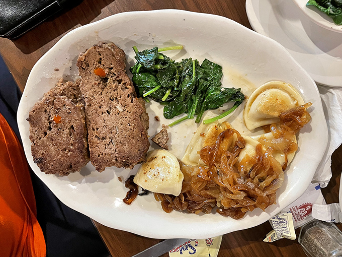 Meatloaf that doesn't apologize for being meatloaf, served with greens and pierogies &ndash; Pennsylvania's way of saying "vegetables are important, but so is more carbs."