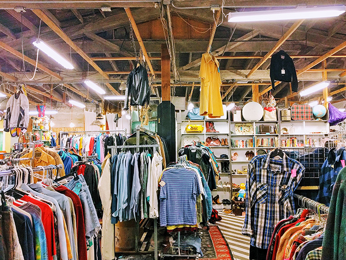 The men's section: where flannel shirts have lived more interesting lives than most people. Each rack a time capsule of bygone fashion statements.