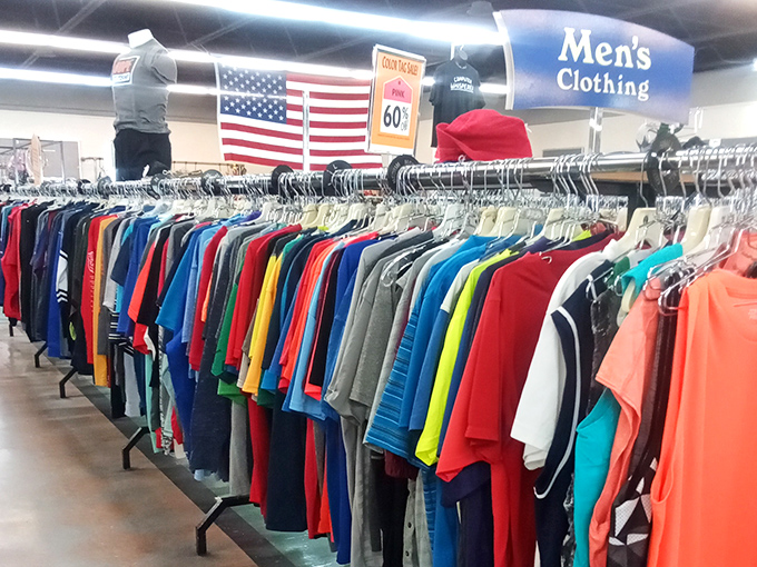 The men's department: where Hawaiian shirts of vacations past wait patiently for their second chance at a luau.