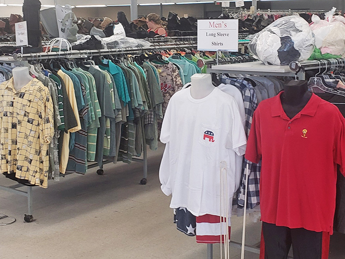 The men's section&mdash;where Hawaiian shirts that Jimmy Buffett would envy mingle with corporate castoffs seeking second careers.