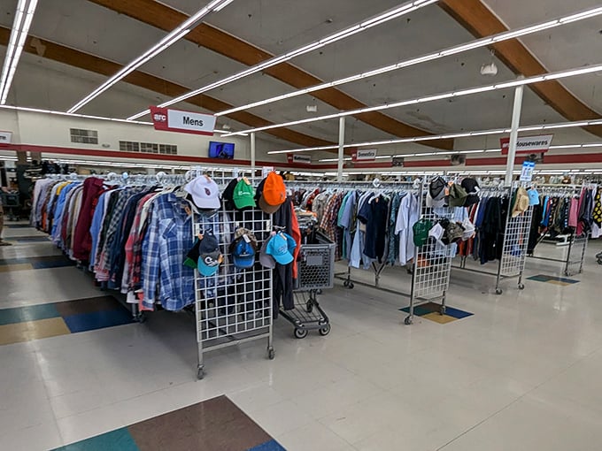 The men's department offers everything from business casual to weekend wear, proving secondhand doesn't mean second-rate style.