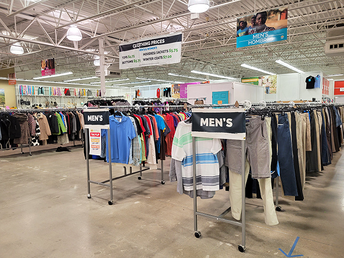 The men's department offers a sartorial time machine—from dad jeans to hipster finds—all neatly arranged for the budget-conscious fashionisto.