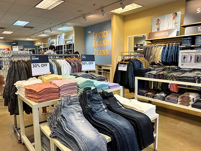 Lucky Brand's denim sanctuary offers a rainbow of folded shirts and perfectly hung jeans, proving that organization can indeed be beautiful.