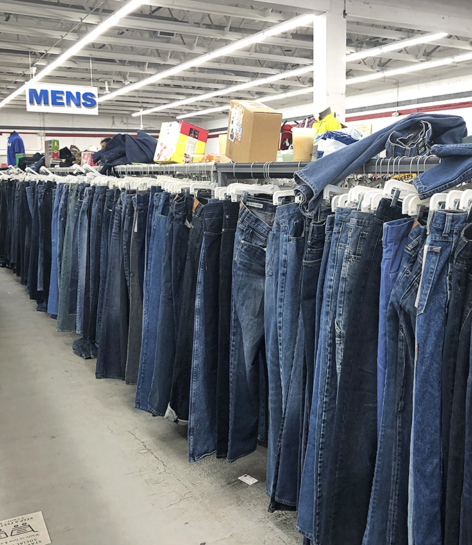 Denim democracy in action &ndash; hundreds of jeans lined up like soldiers, ready to march home with anyone who finds their perfect fit.