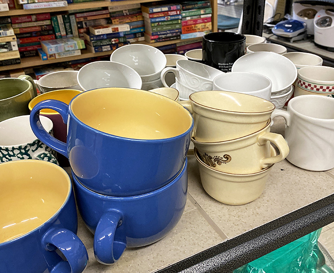 The mug collection rivals any kitchen store, but with more character and fewer zeros on the price tag. That blue beauty could be your new Saturday morning companion.