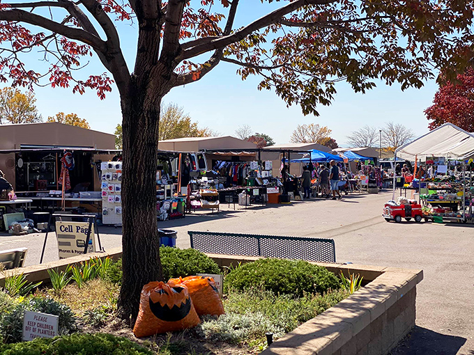 Fall foliage frames the outdoor market section, where seasonal decorations remind shoppers that Halloween is coming&mdash;and someone's about to score the perfect pumpkin.