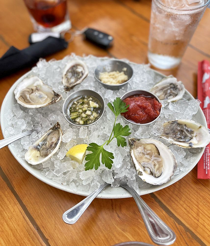Oysters so fresh they're practically gossiping about the other seafood. Served on ice with classic accompaniments that let their ocean-kissed flavor shine.