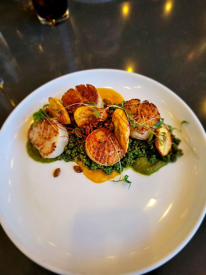 These seared scallops aren't just cooked&mdash;they're caramelized to perfection, like little ocean marshmallows resting on a bed of vibrant green goodness.
