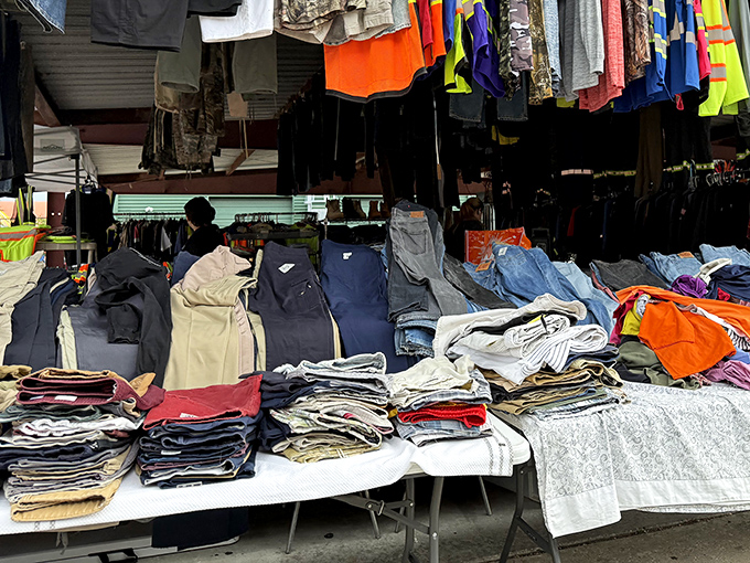 Organized chaos that somehow makes perfect sense. These neatly folded stacks represent thousands of potential outfits and even more bargain-hunting victories.