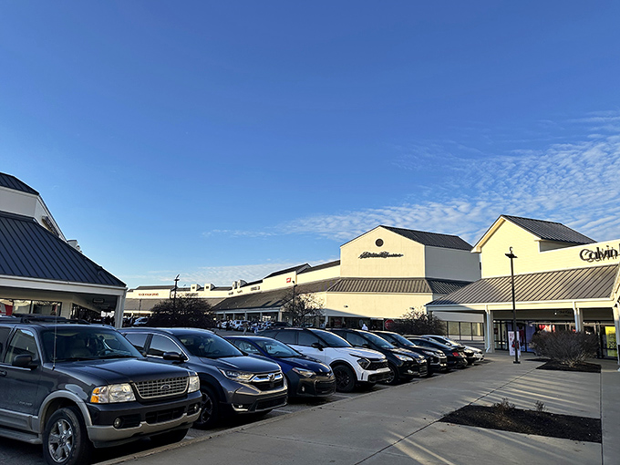 Blue skies and ample parking&mdash;the unsung heroes of any successful shopping expedition. Calvin Klein beckons in the distance.