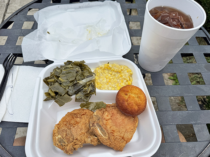 Soul on a plate: crispy fried chicken, collard greens that could make your grandmother jealous, and cornbread that demands respect.