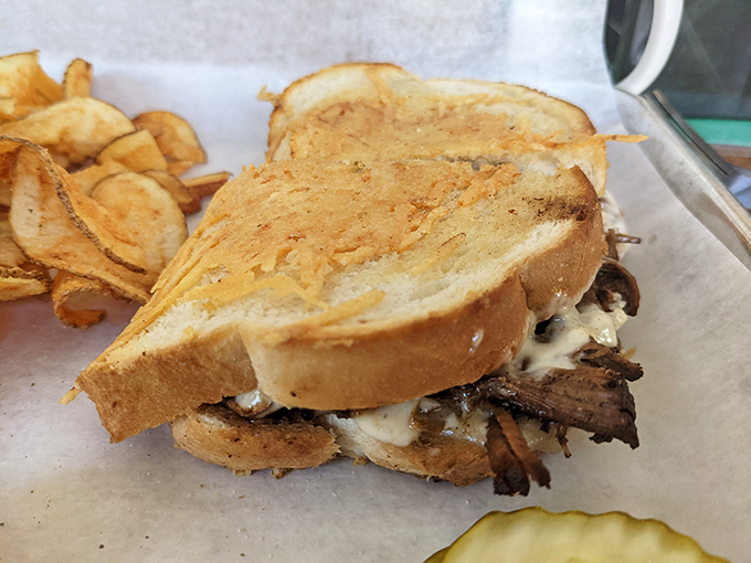This sandwich isn't messing around. Melty cheese embraces tender meat like they've been separated for years.