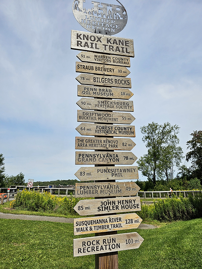 Adventure signposts pointing to Pennsylvania's hidden treasures. It's like a real-life choose-your-own-adventure book for grown-ups!
