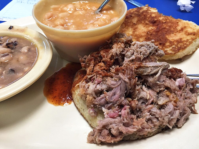Pulled pork piled this high requires structural engineering skills and a complete disregard for portion control standards.