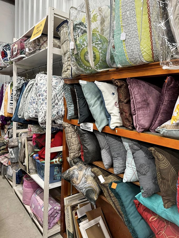 The home textiles section could outfit a small hotel&mdash;decorative pillows and quilts that look like they've never met a sofa.