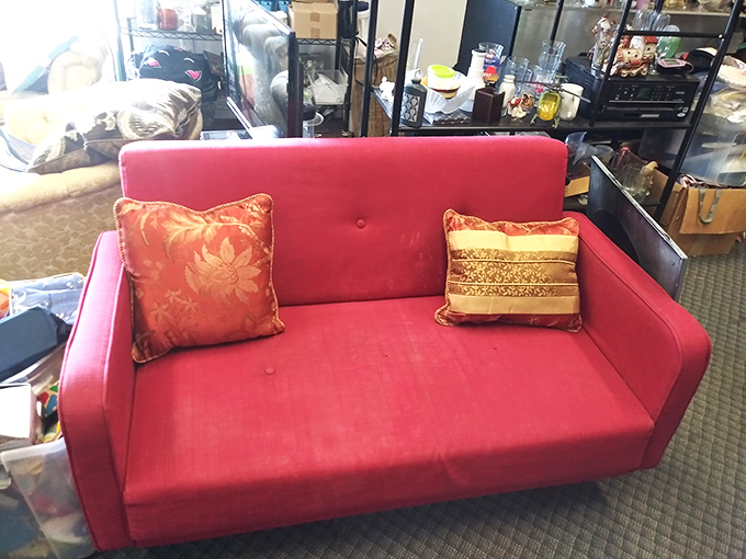 This vibrant red sofa isn't just seating&mdash;it's a statement piece declaring, "Yes, I have excellent taste AND I'm fiscally responsible."