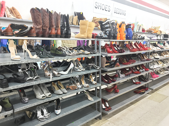 Like a library of life stories told through soles, these shelves offer everything from barely-worn designer heels to well-loved dad sneakers.