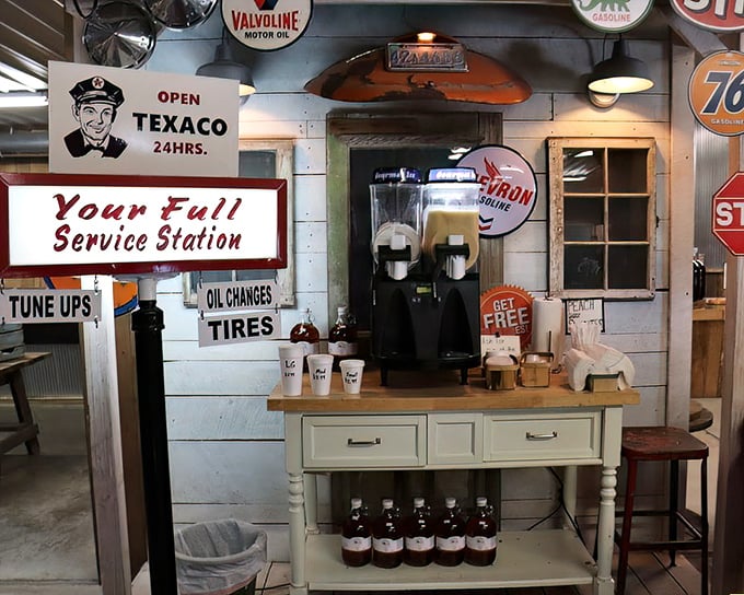 Nostalgia gets served up alongside refreshments at this vintage-inspired corner, where yesterday's gas station memorabilia creates today's Instagram moments.