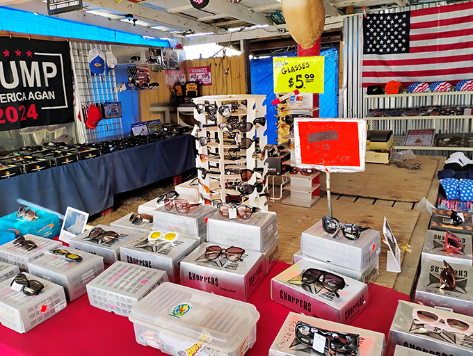 Sunglasses paradise where $5 can transform you from squinting tourist to mysterious stranger. Fashion meets function in the Florida sunshine.