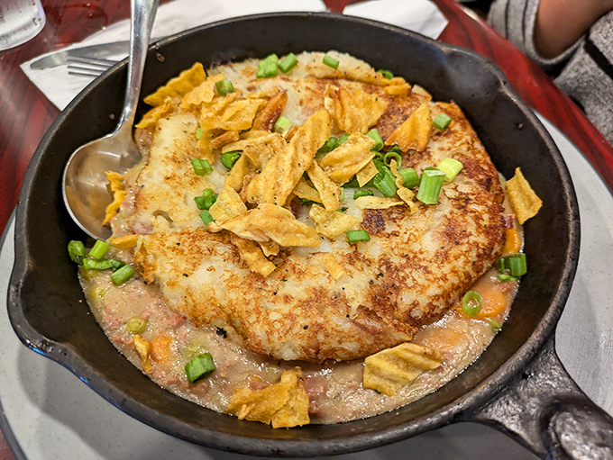 Shepherd's Pie perfection &ndash; that golden-brown crust gives way to savory lamb beneath, with crispy bits on top for textural paradise.