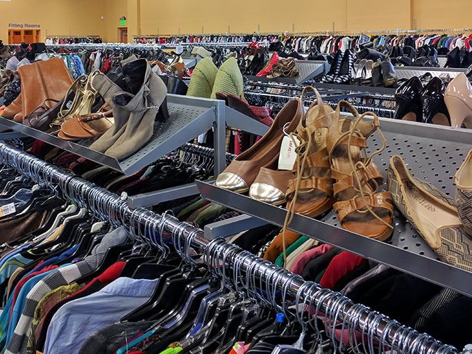 Purses and shoes displayed together because someone understood that accessories need to coordinate, even when thrifting on a budget.