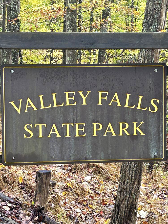 The park entrance sign stands like a humble doorway to paradise. No velvet rope, no dress code&mdash;just pure West Virginia magic beyond.