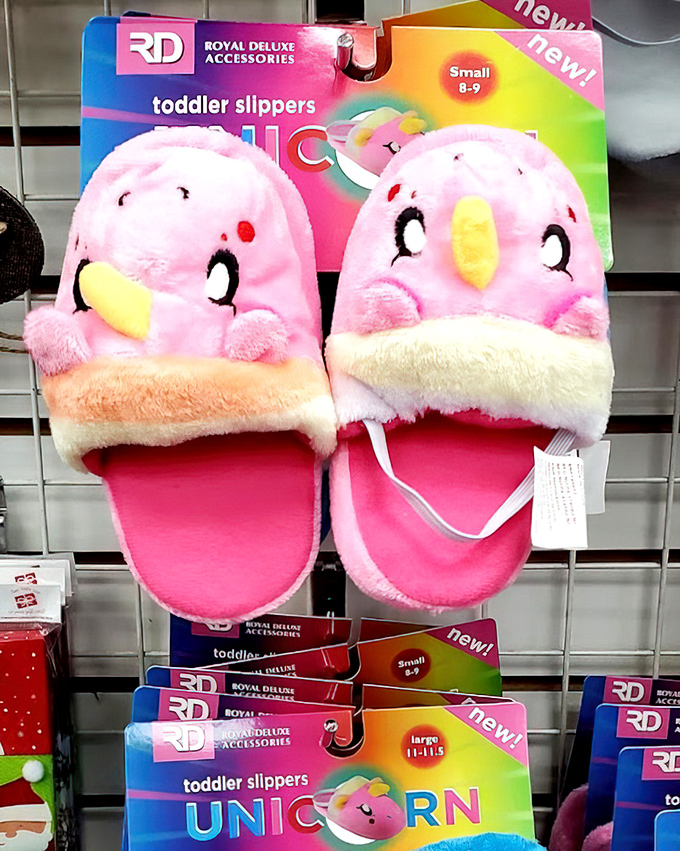 Pink penguin slippers that never knew the South Pole but might just find a home in your linen closet for a fraction of retail.
