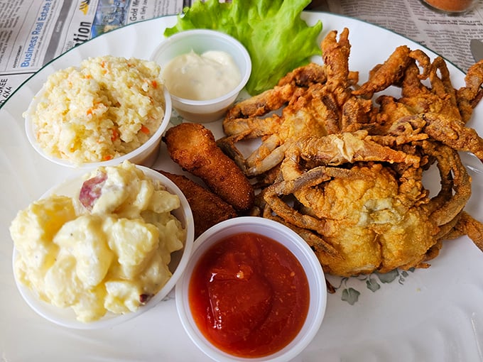 Seafood nirvana on a plate! Golden-fried soft shell crab alongside potato salad that would make your grandmother nod in approval.