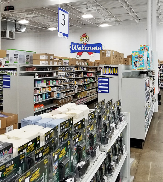 Aisle markers hanging like street signs in the neighborhood of good deals. Navigate your way through this warehouse wonderland of wallet-friendly finds.