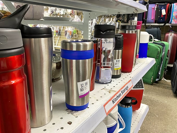 Travel mugs galore! Because nothing says "I'm environmentally conscious" like buying someone else's barely-used hydration vessel.