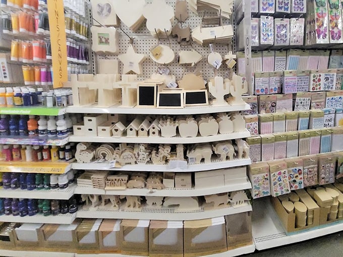 Craft heaven for DIY enthusiasts! Wooden shapes and paint supplies stand ready to transform Pinterest dreams into actual completed projects.