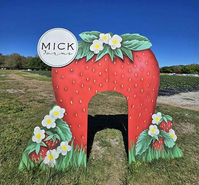 The strawberry gateway to paradise! Walking through this whimsical entrance is like stepping into Willy Wonka's farm&mdash;minus the questionable labor practices.