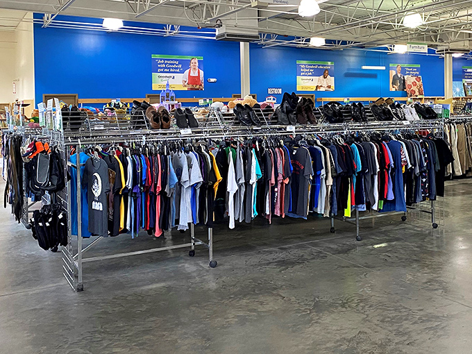 The clothing section stretches like a textile sea. Somewhere in this rainbow of fabrics is the perfect t-shirt you didn't know you needed.
