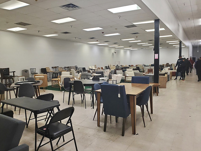 Nothing says "furniture showroom" quite like dozens of tables and chairs waiting to transform someone's dining room for less.