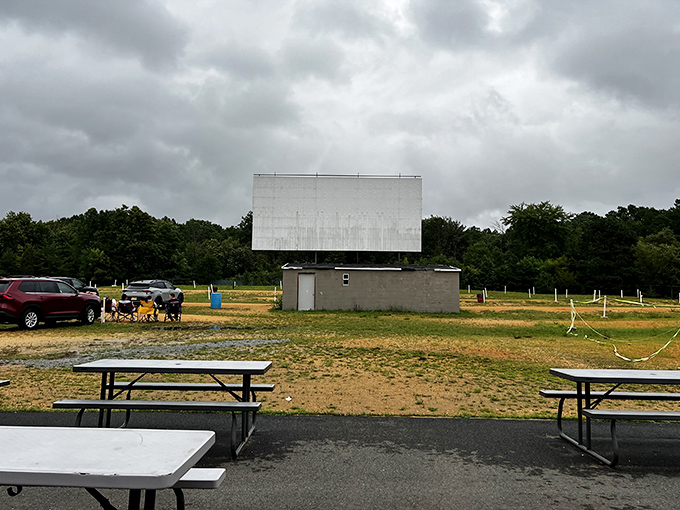 Even cloudy days can't dampen the drive-in spirit. Picnic tables await movie-goers who prefer to stretch their legs between features.
