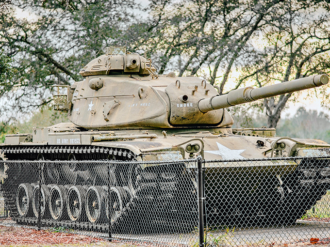 This vintage tank at Veterans Memorial Park stands as a powerful reminder of service and sacrifice, drawing respectful visitors year-round.