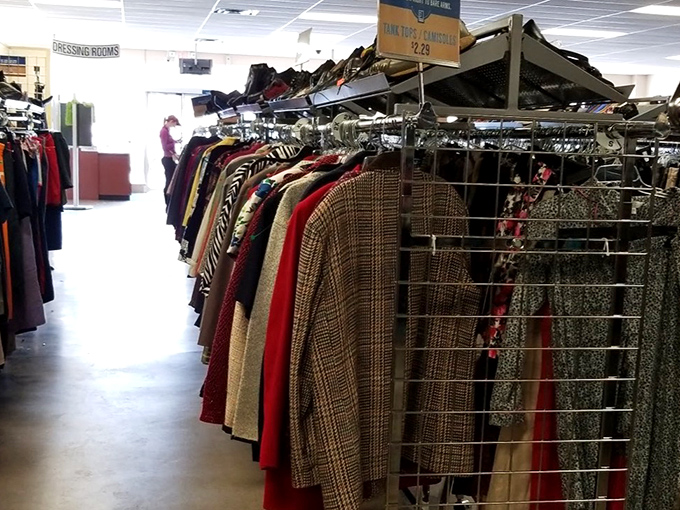Sweaters hanging like a fabric rainbow, each one previously loved and ready for its next adventure on someone's back.