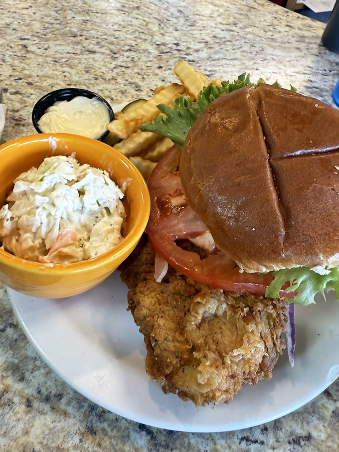 Behold Indiana's state sandwich in its natural habitat! The tenderloin extends beyond its bun like continental drift, golden-brown and glorious.