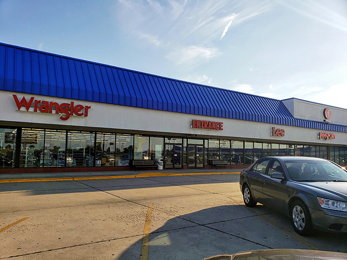 The Wrangler storefront stands ready to outfit you in denim without demanding your retirement fund.